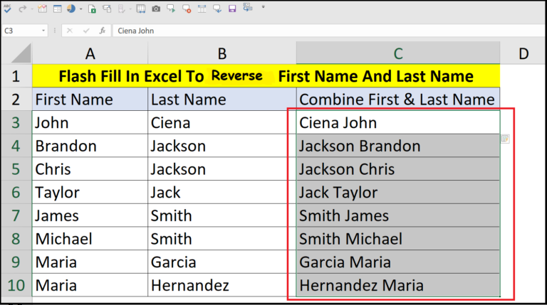 Flash Fill To Reverse First And Last Name In Excel Excel Help
